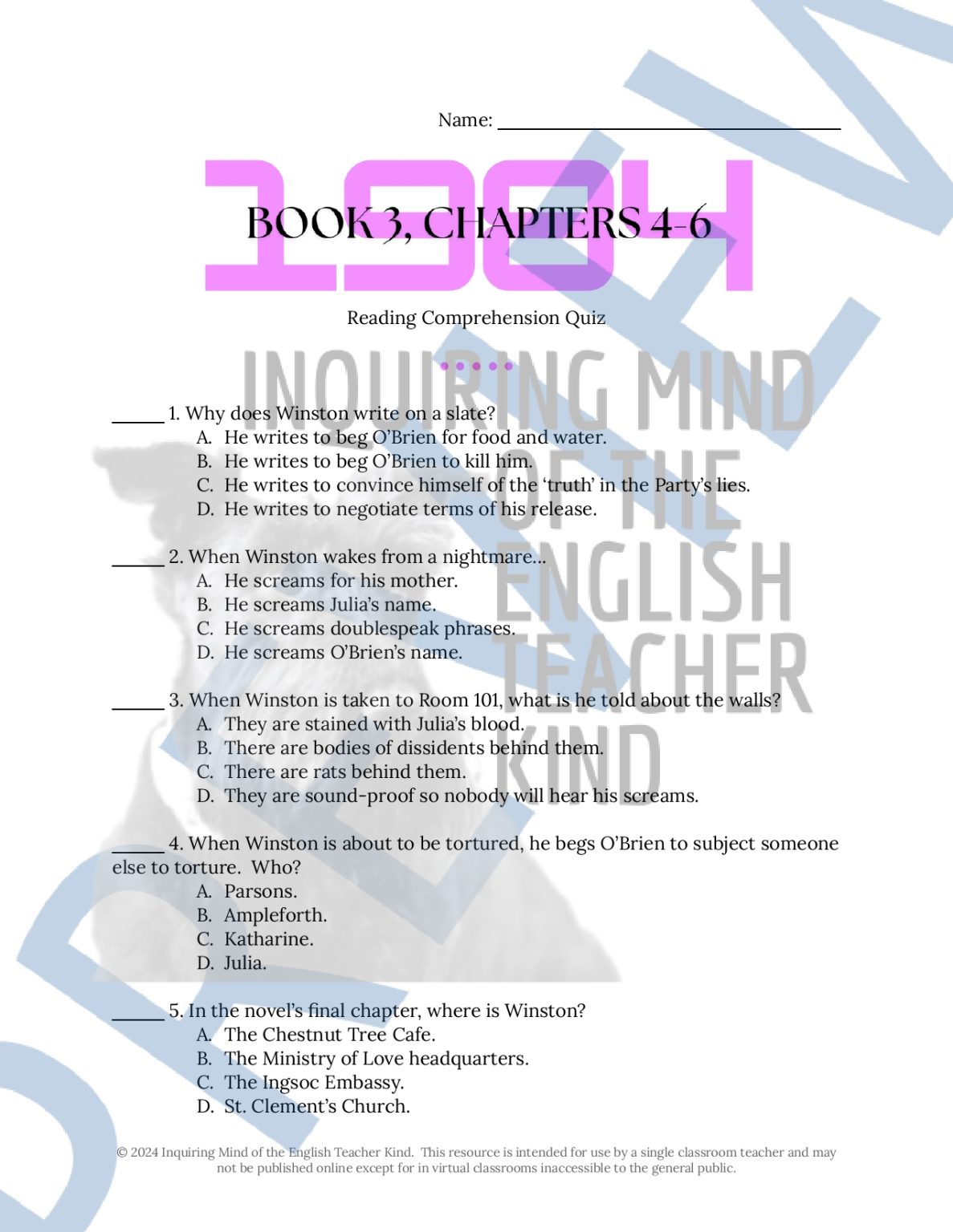 1984 Book 3 Chapters 4, 5, and 6 Quiz and Answer Key for High School ...