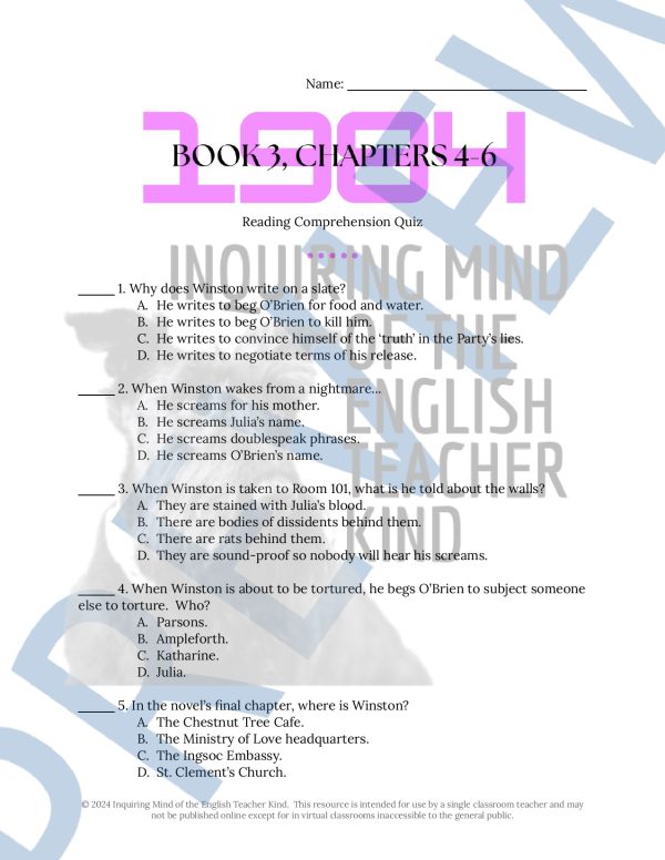 1984 Book 3 Chapters 4, 5, and 6 Quiz and Answer Key for High School ...