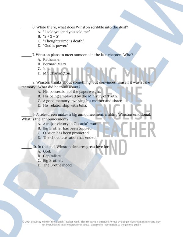 1984 Book 3 Chapters 4, 5, and 6 Quiz and Answer Key for High School ...