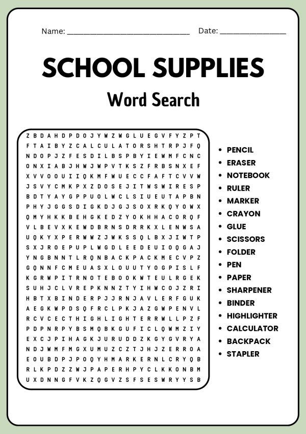 School Supplies No Prep word search worksheets for kids | Made By Teachers