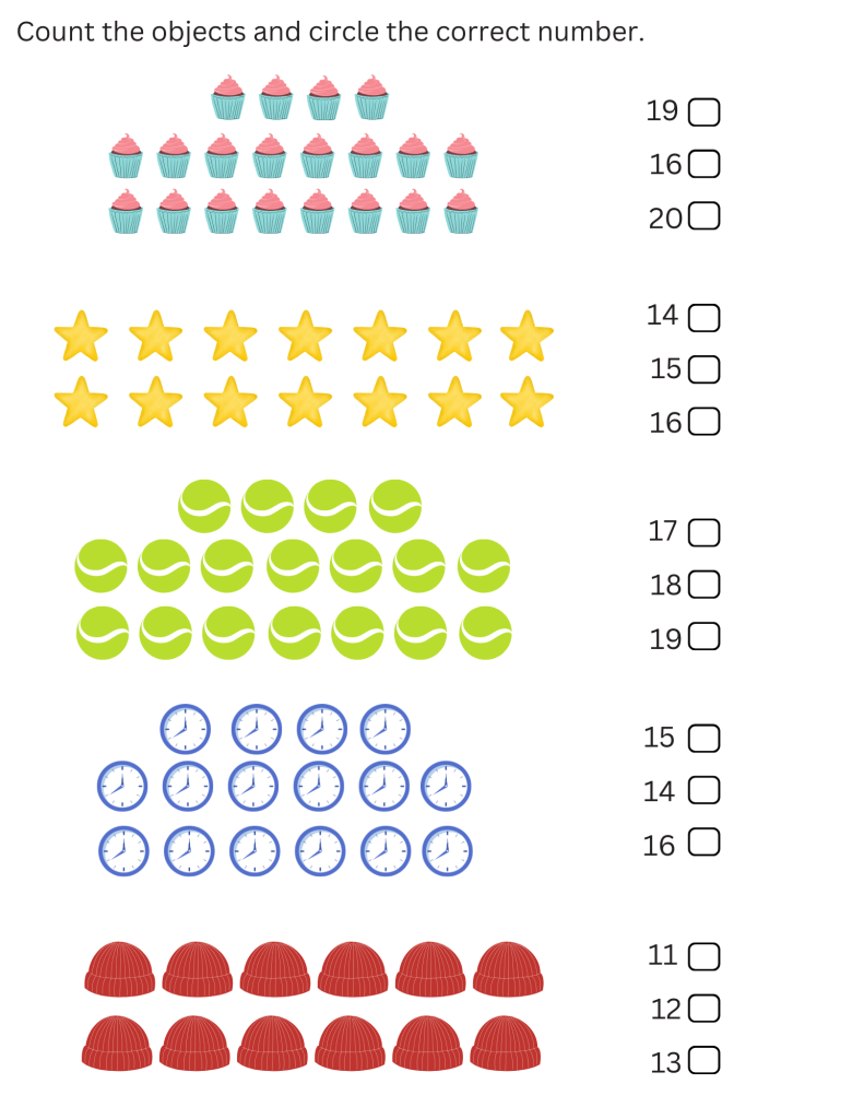 kindergarten count and match worksheets 11-20 - printable numbers 11-20 ...