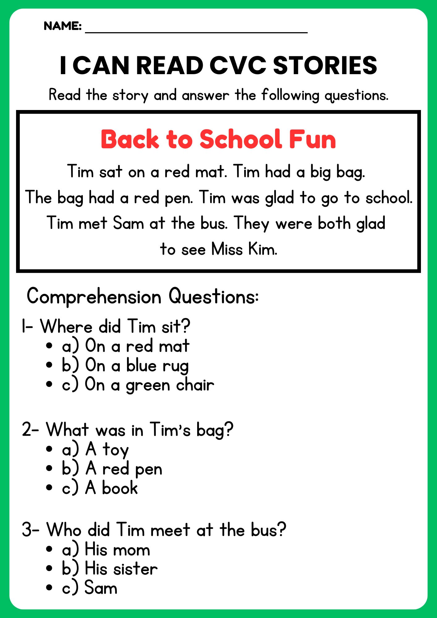 " et" CVC Decodable Short Stories with Questions | Word Families | Made ...