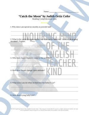 "Catch the Moon" by Judith Ortiz Cofer Quiz and Answer Key - Made By ...