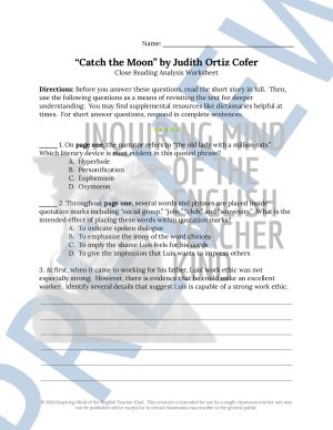 "Catch the Moon" Quizzes, Vocabulary Games, and Close Reading Worksheet ...