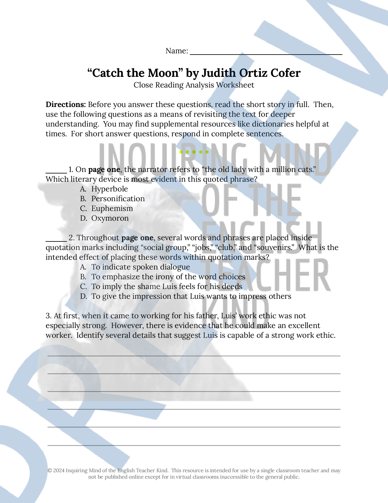 "Catch the Moon" Quizzes, Vocabulary Games, and Close Reading Worksheet ...