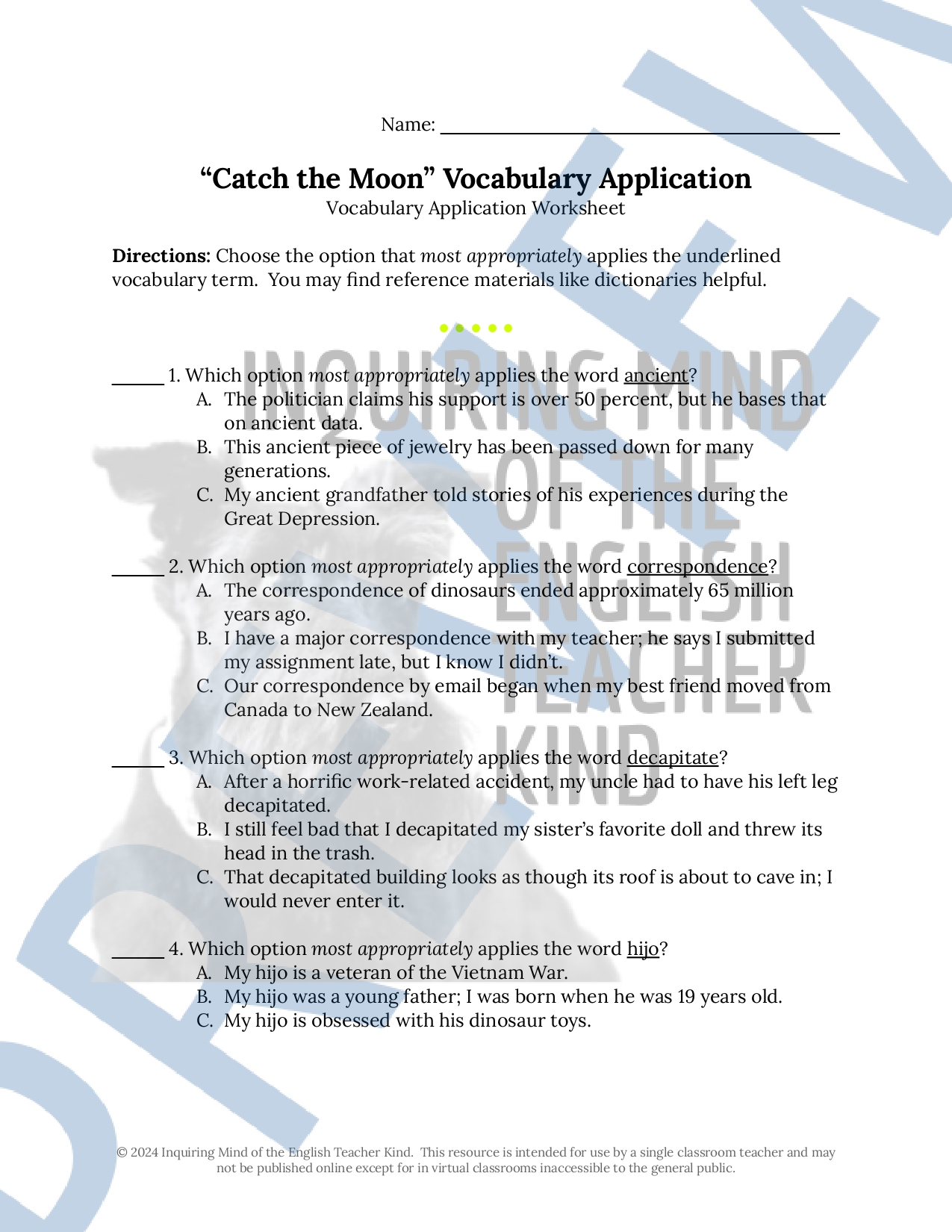 "Catch the Moon" Quizzes, Vocabulary Games, and Close Reading Worksheet ...