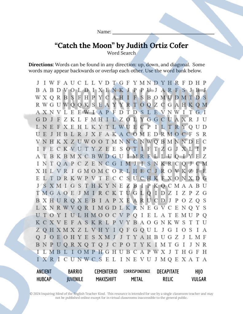 "Catch the Moon" Quizzes, Vocabulary Games, and Close Reading Worksheet ...