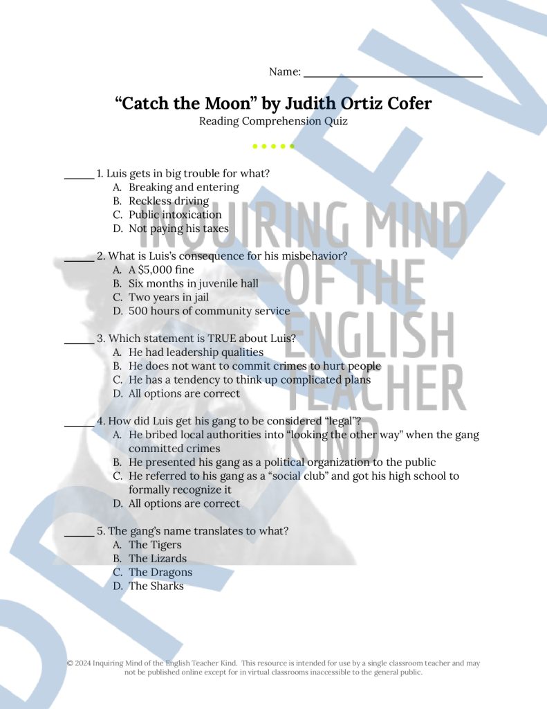 "Catch the Moon" Quizzes, Vocabulary Games, and Close Reading Worksheet ...