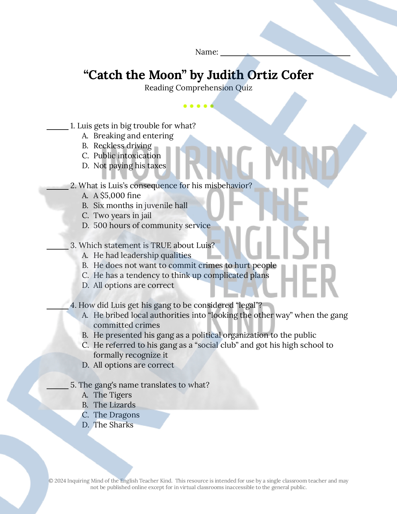 "Catch the Moon" Quizzes, Vocabulary Games, and Close Reading Worksheet ...