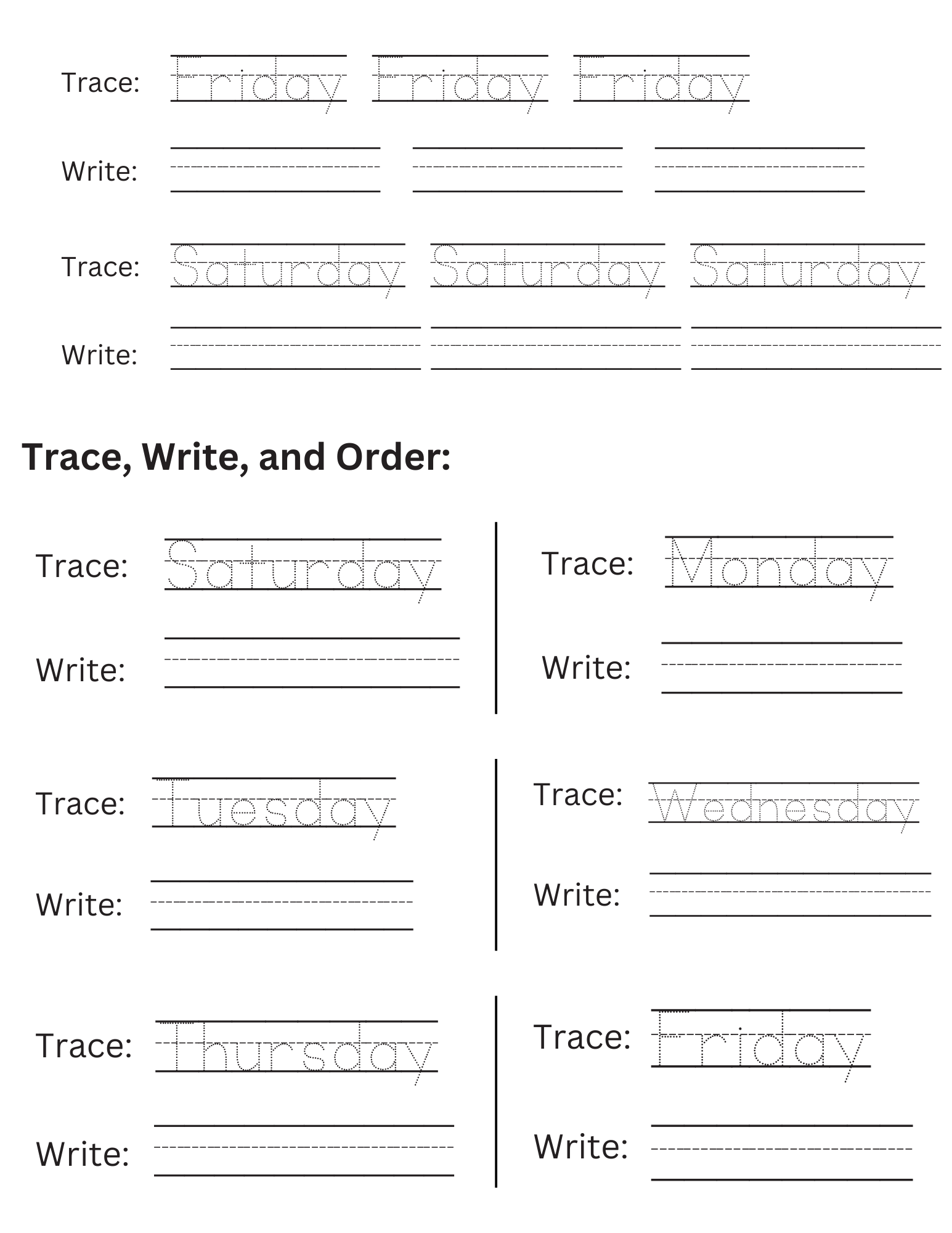 printable days of the week trace and write worksheet for kindergarten ...