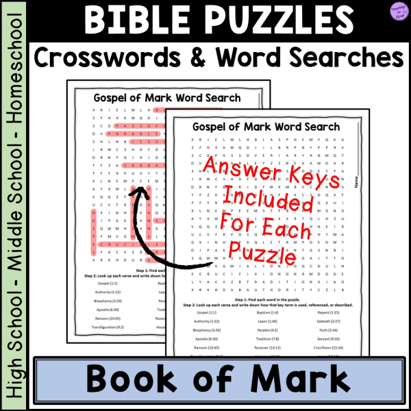Bible Book of Mark Crossword & Word Search Puzzle Activities | Made By ...