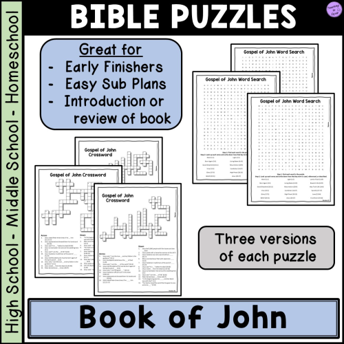 Bible Book of John Crossword & Word Search Puzzle Activities | Made By ...