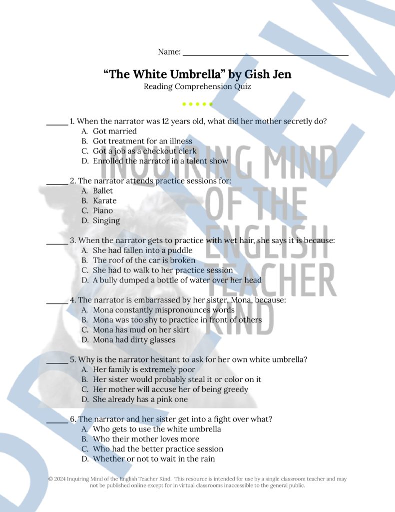 "The White Umbrella" by Gish Jen Quiz and Answer Key | Made By Teachers