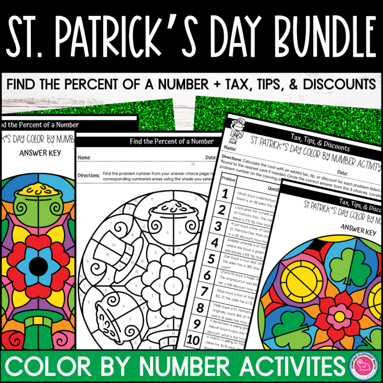 St. Patrick's Day Percent of a Number and Tax Tips Discounts Color by ...