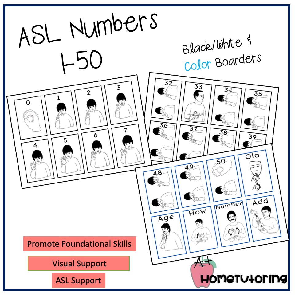 ASL Numbers 1-50 Flashcards B/W & Color Boarders | Made By Teachers