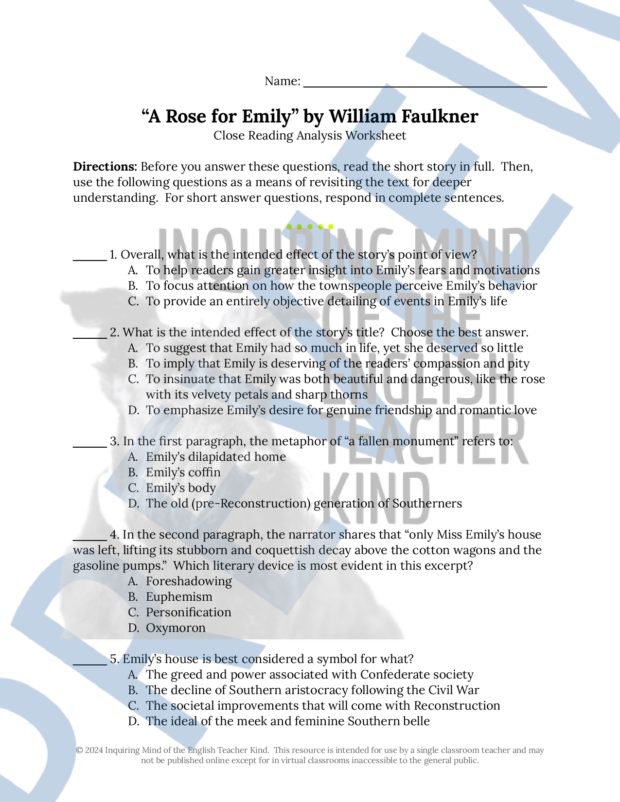 "A Rose for Emily" Quiz, Close Reading Worksheet, and Vocabulary Games ...