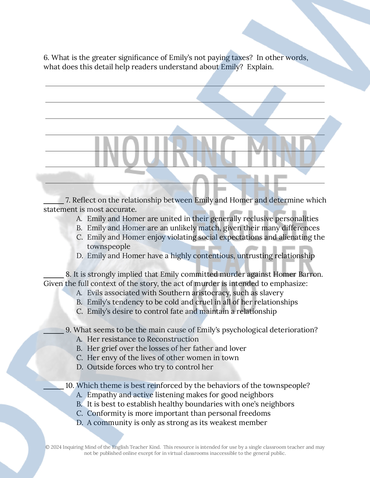 "A Rose for Emily" Quiz, Close Reading Worksheet, and Vocabulary Games ...