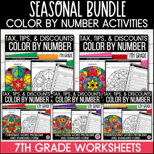 Tax, Tips, and Discounts Color by Number Activities Holiday Bundle ...