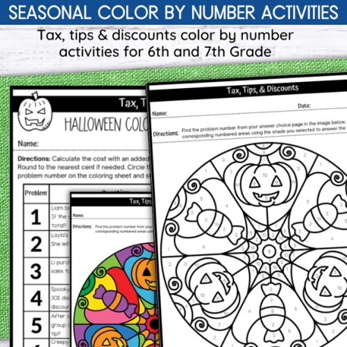 Tax, Tips, and Discounts Color by Number Activities Holiday Bundle ...