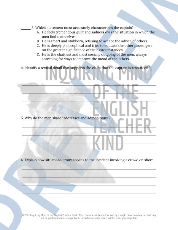 "The Open Boat" by Stephen Crane Close Reading Analysis Worksheet ...