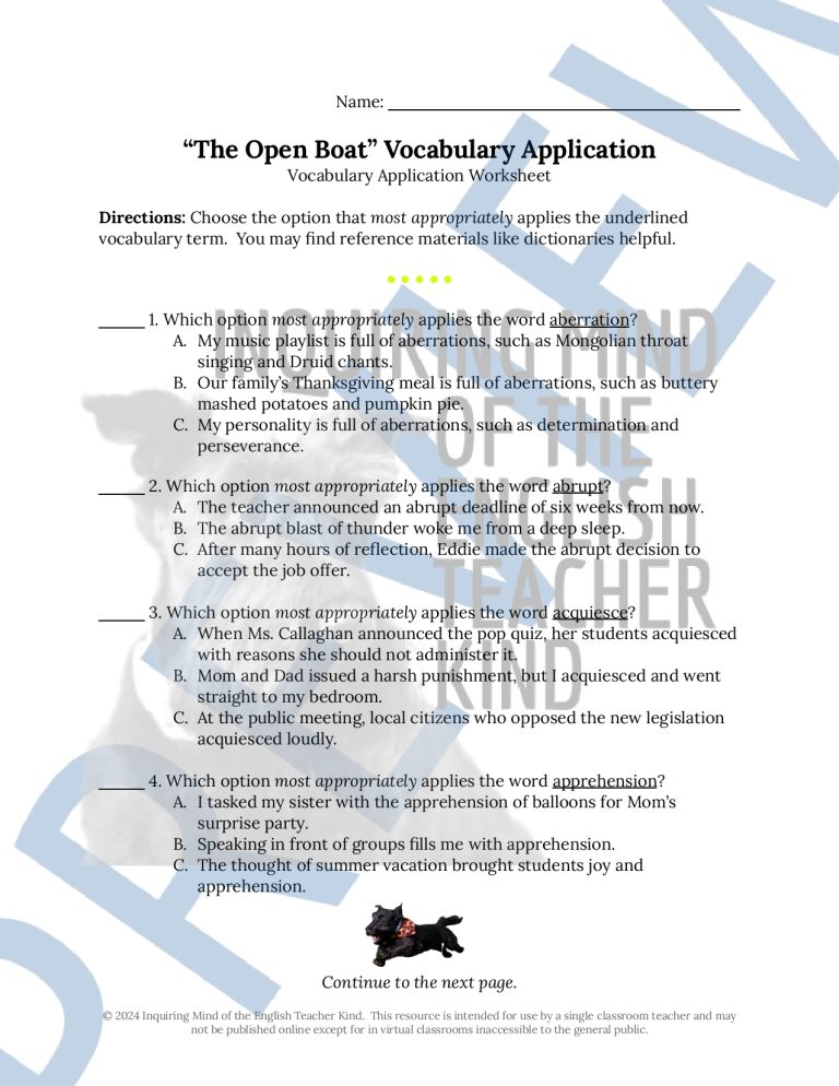 "The Open Boat" by Stephen Crane Vocabulary Games for High School ...