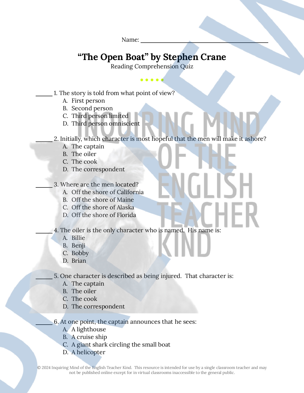 "The Open Boat" Quiz, Close Reading Worksheet, and Vocabulary Games ...