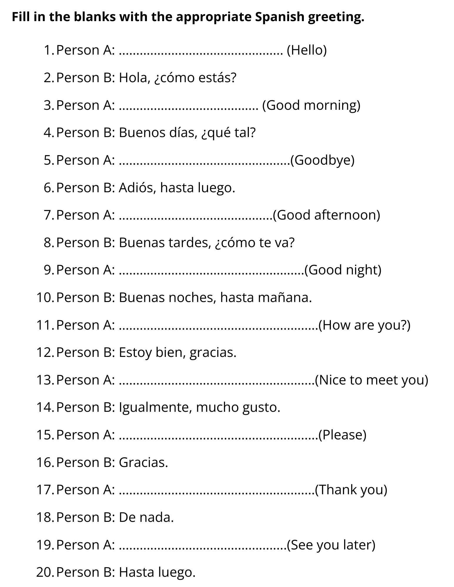printable beginner spanish greetings worksheet - Saludos en Español ...