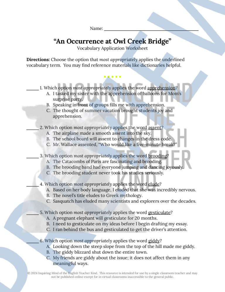 "An Occurrence at Owl Creek Bridge" Quiz, Close Reading Worksheet, and ...