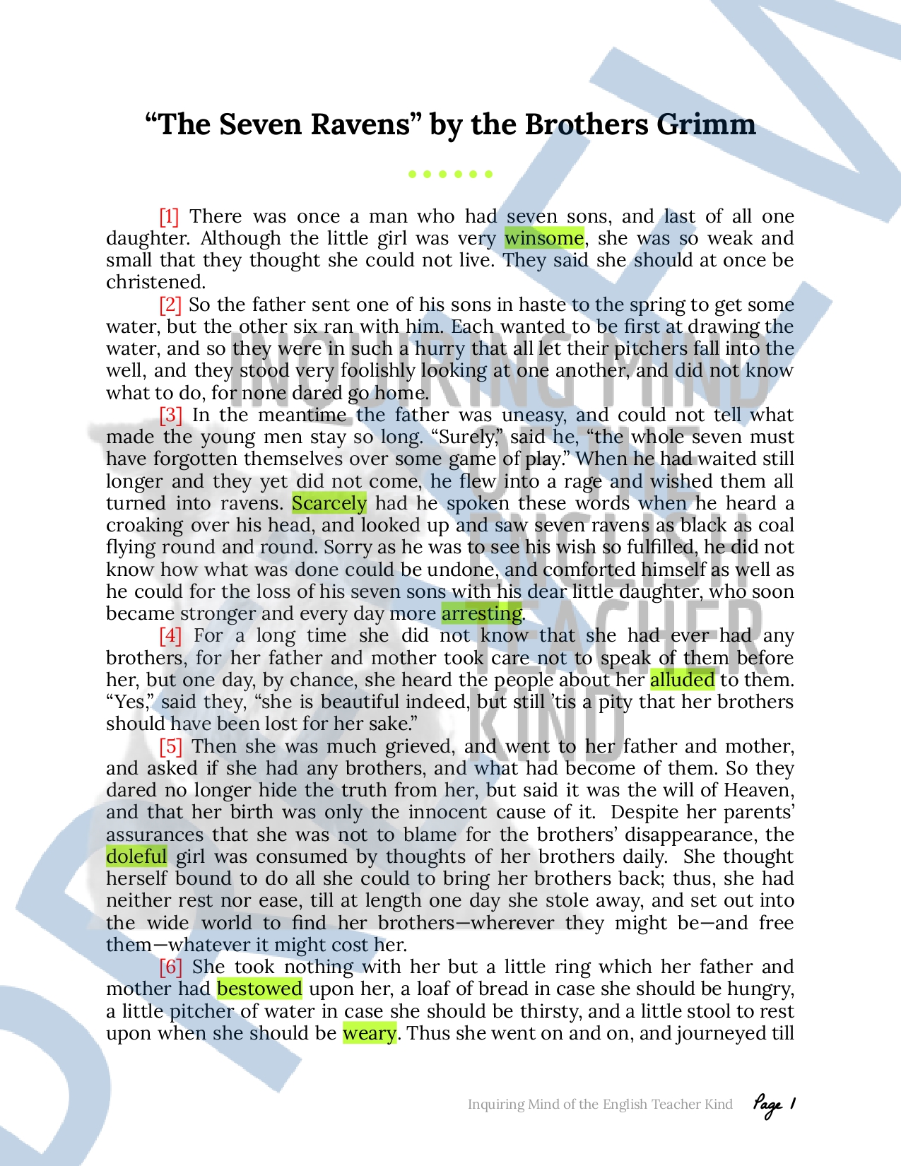 "The Seven Ravens" by the Brothers Grimm Vocabulary Games (Fairy Tale ...