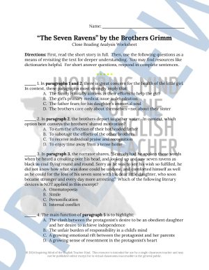 "The Seven Ravens" Quiz, Close Reading Activity, and Vocabulary Games ...