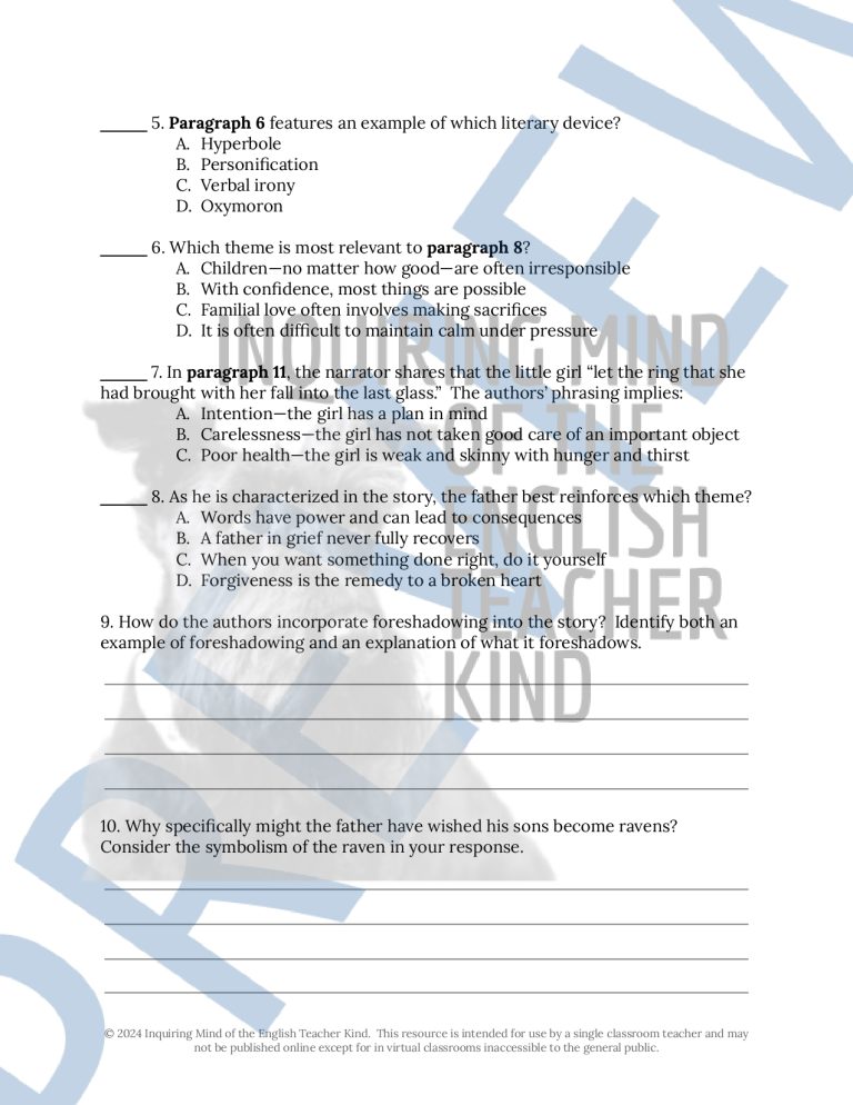 "The Seven Ravens" Quiz, Close Reading Activity, and Vocabulary Games ...
