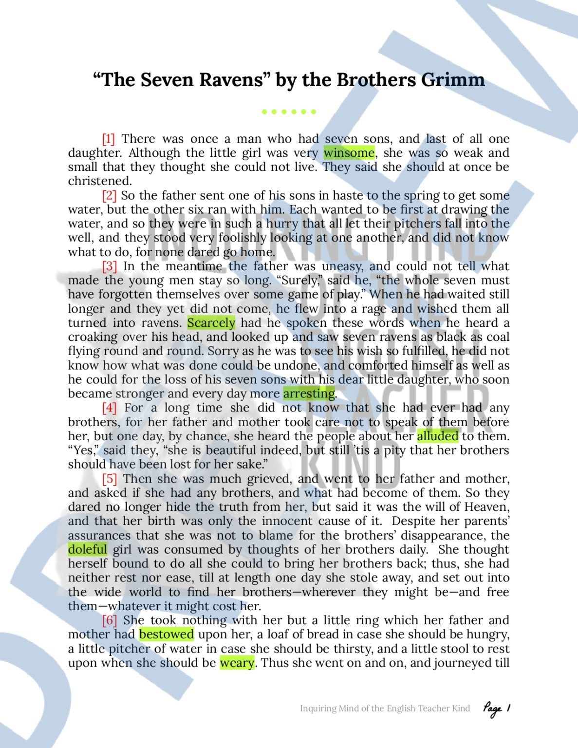 "The Seven Ravens" Quiz, Close Reading Activity, and Vocabulary Games ...