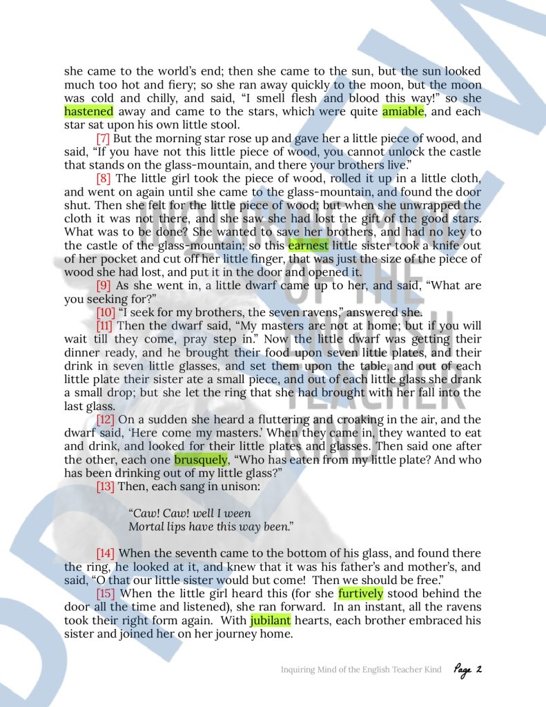 "The Seven Ravens" Quiz, Close Reading Activity, and Vocabulary Games ...
