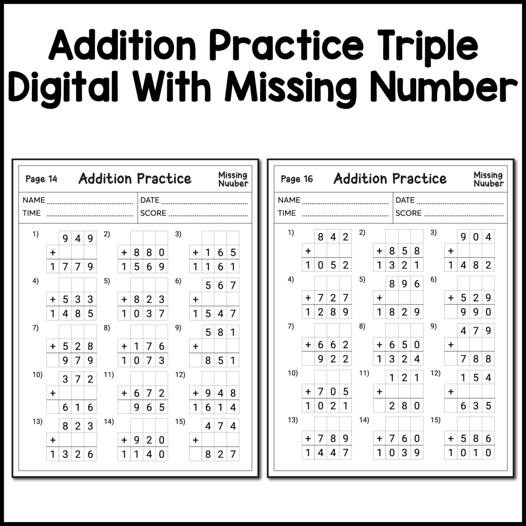 Addition practice triple Digit with missing number printable- Math ...