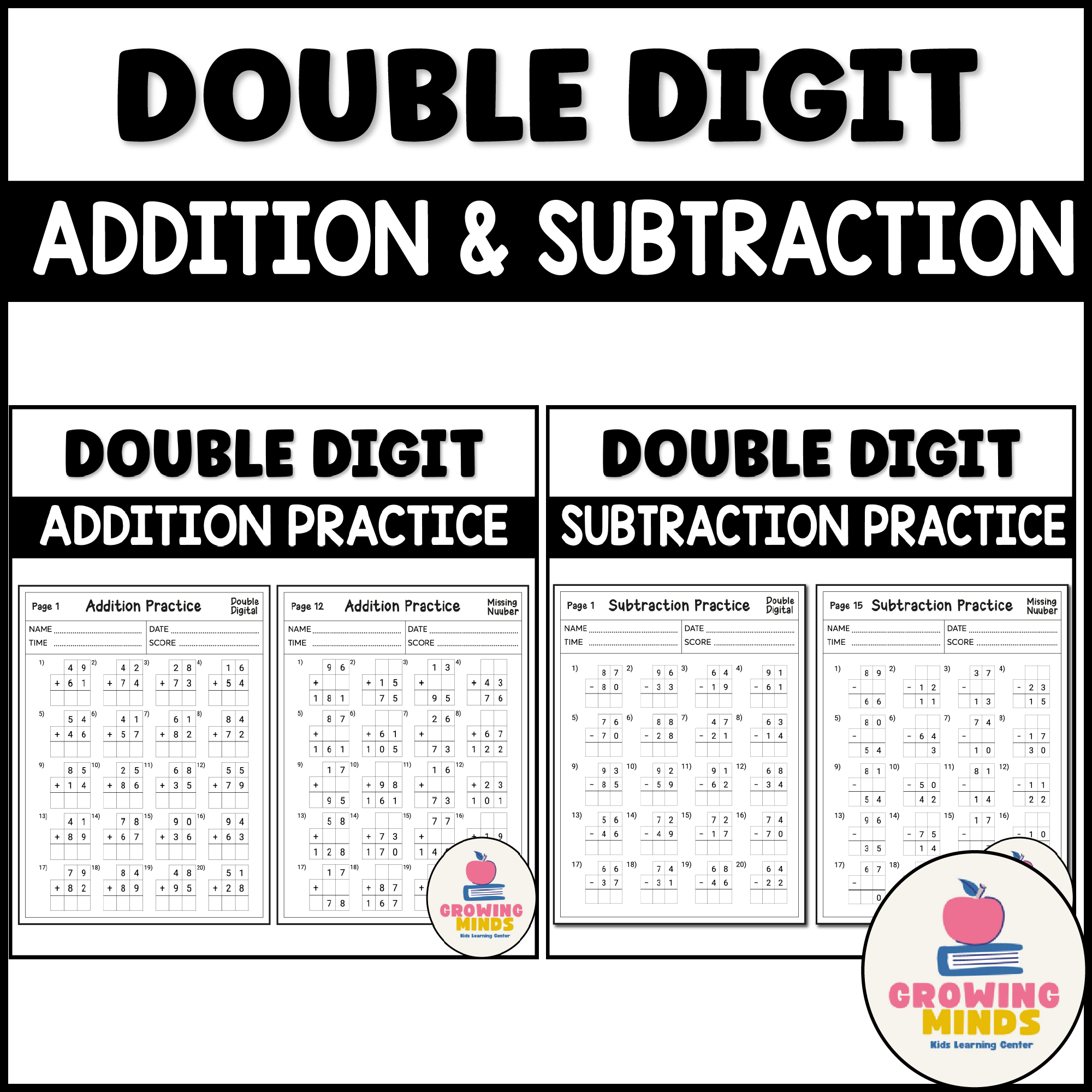 Addition & Subtraction Math Bundle double Digit with missing number ...