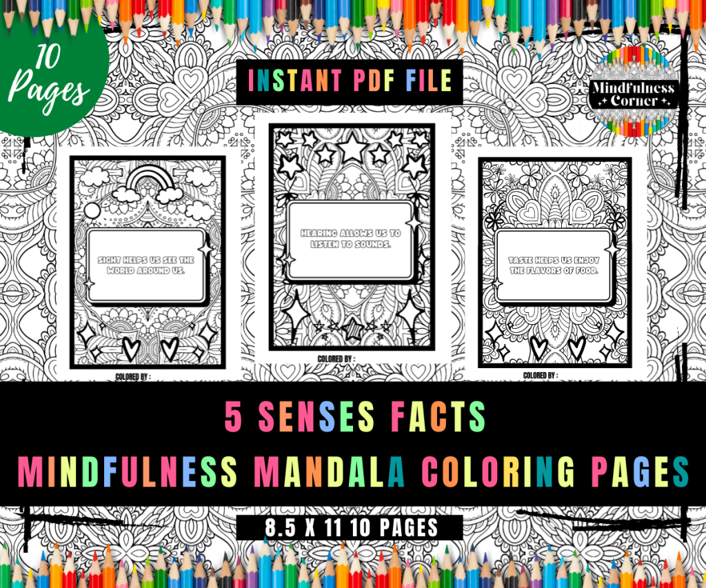 5 Senses Activity Posters, Facts Saying Mindfulness Mandala Coloring ...