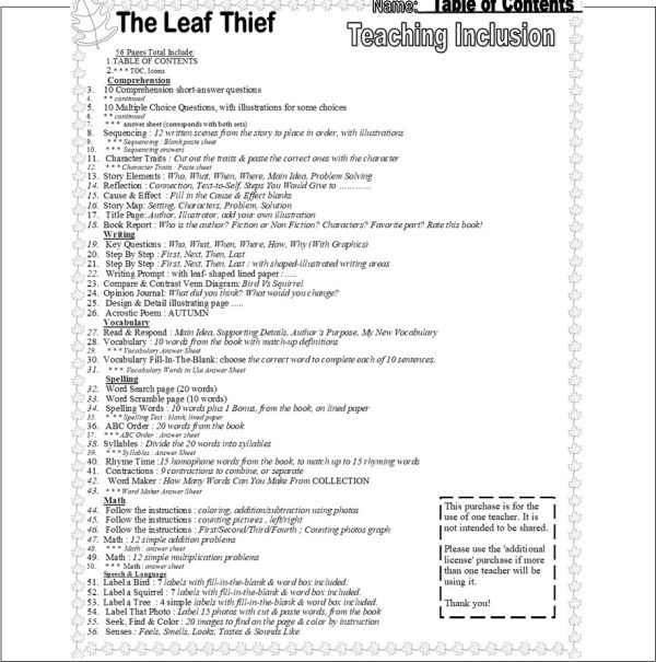 The Leaf Thief Read Aloud Book Companion Reading Comprehension Fall ...