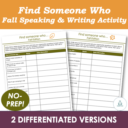 Find Someone Who - Fall Speaking & Writing Activity - ESL Icebreaker ...