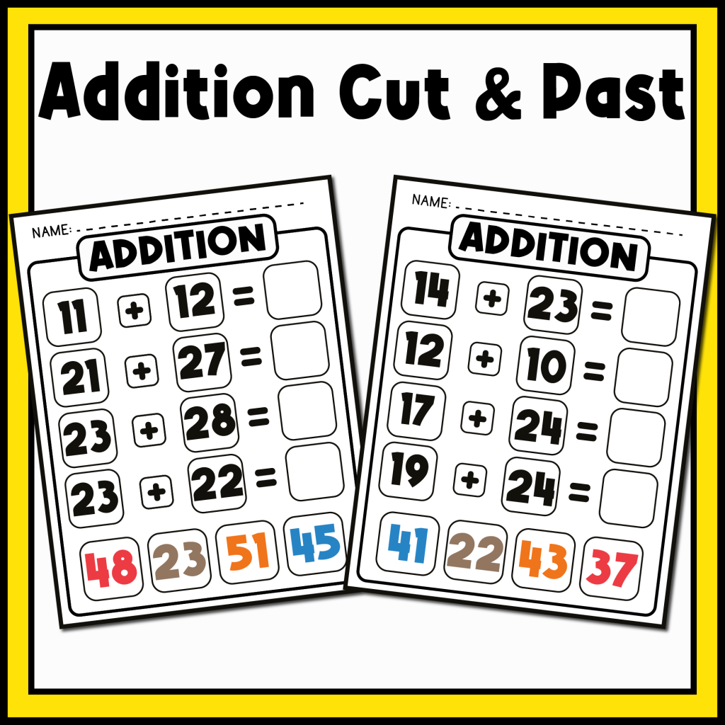 Math Medium Addition Cut and Paste Worksheets - Back to School Themed ...