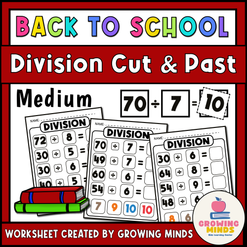Math Medium division Cut and Paste Worksheets - Back to School Themed ...