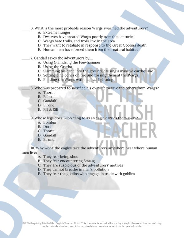 The Hobbit Chapter 6 Quiz and Answer Key for High School - Made By Teachers