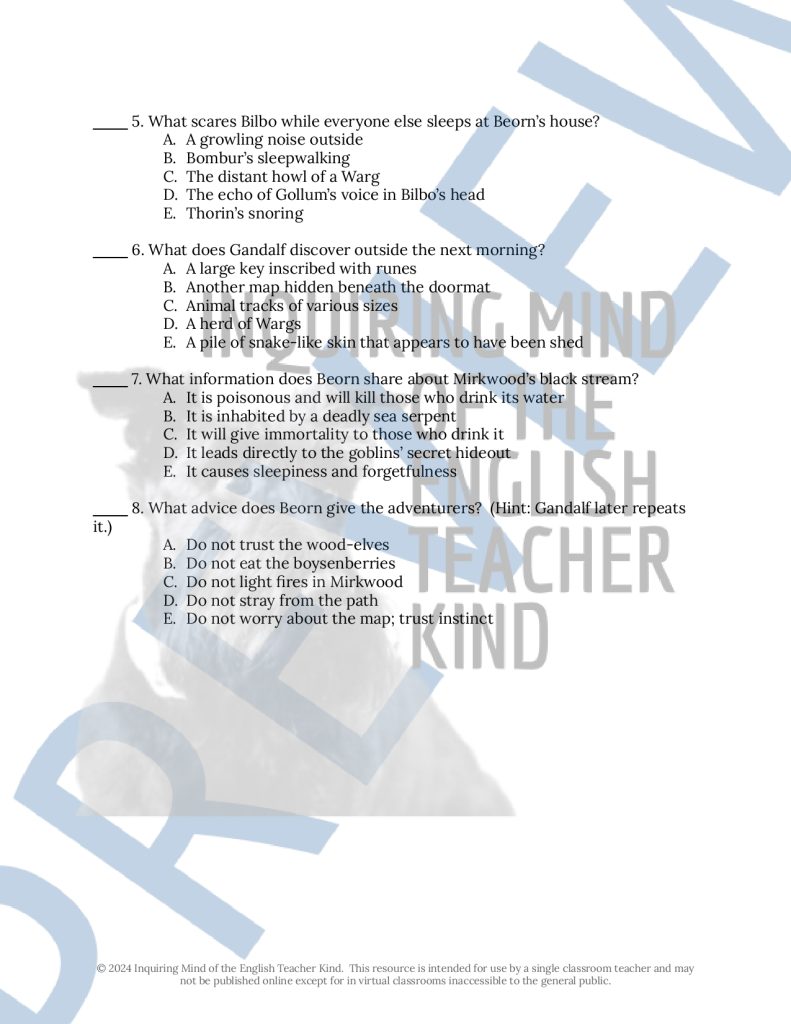 The Hobbit Chapter 7 Quiz and Answer Key for High School | Made By Teachers