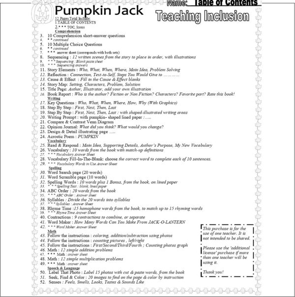 Pumpkin Jack Halloween Read Aloud Book Study Companion Comprehension ...