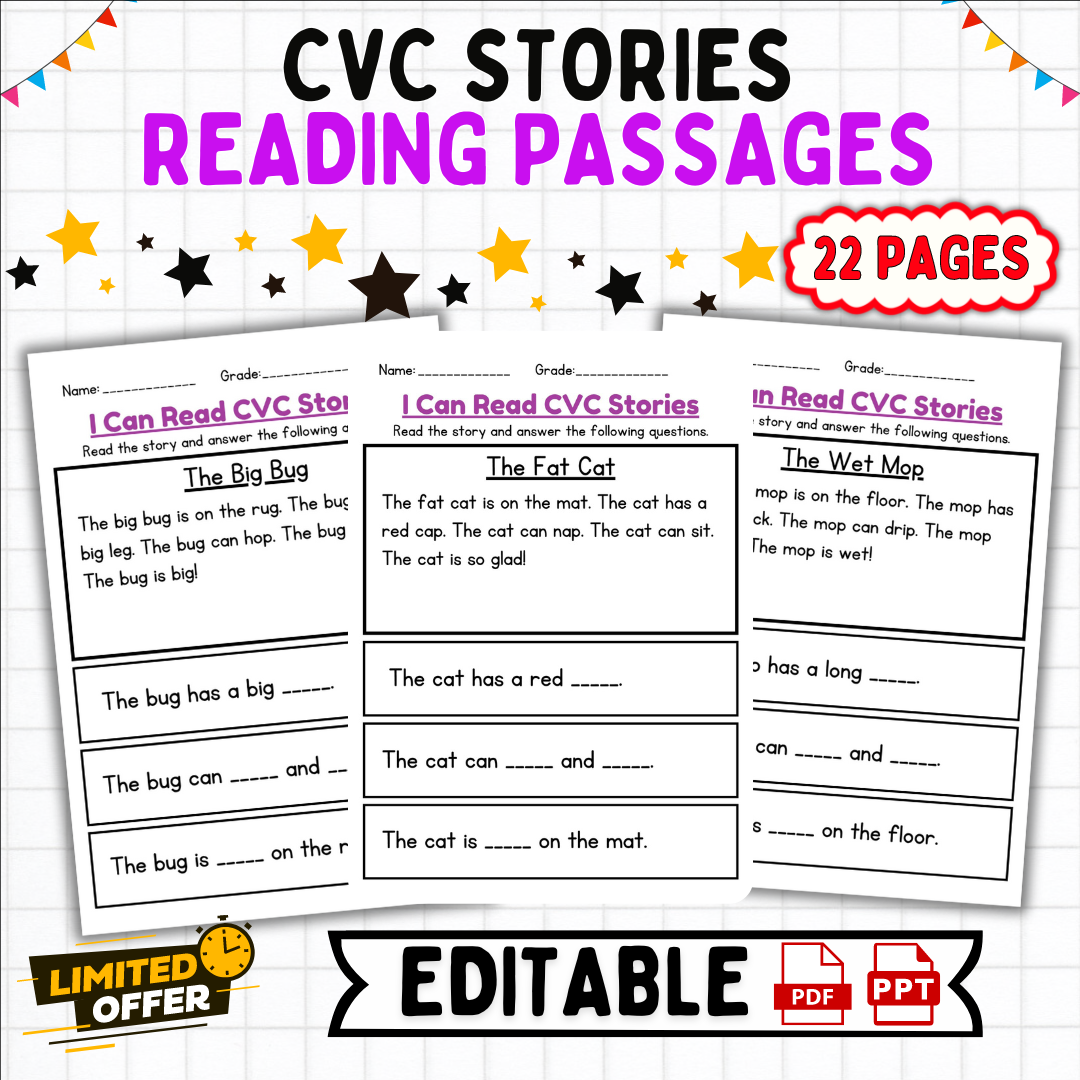 CVC Stories and Reading Passages | Kindergarten-1st Grade | Phonics ...