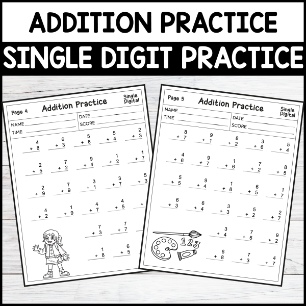 Back to School Addition practice Single Digit printable- Math worksheet ...