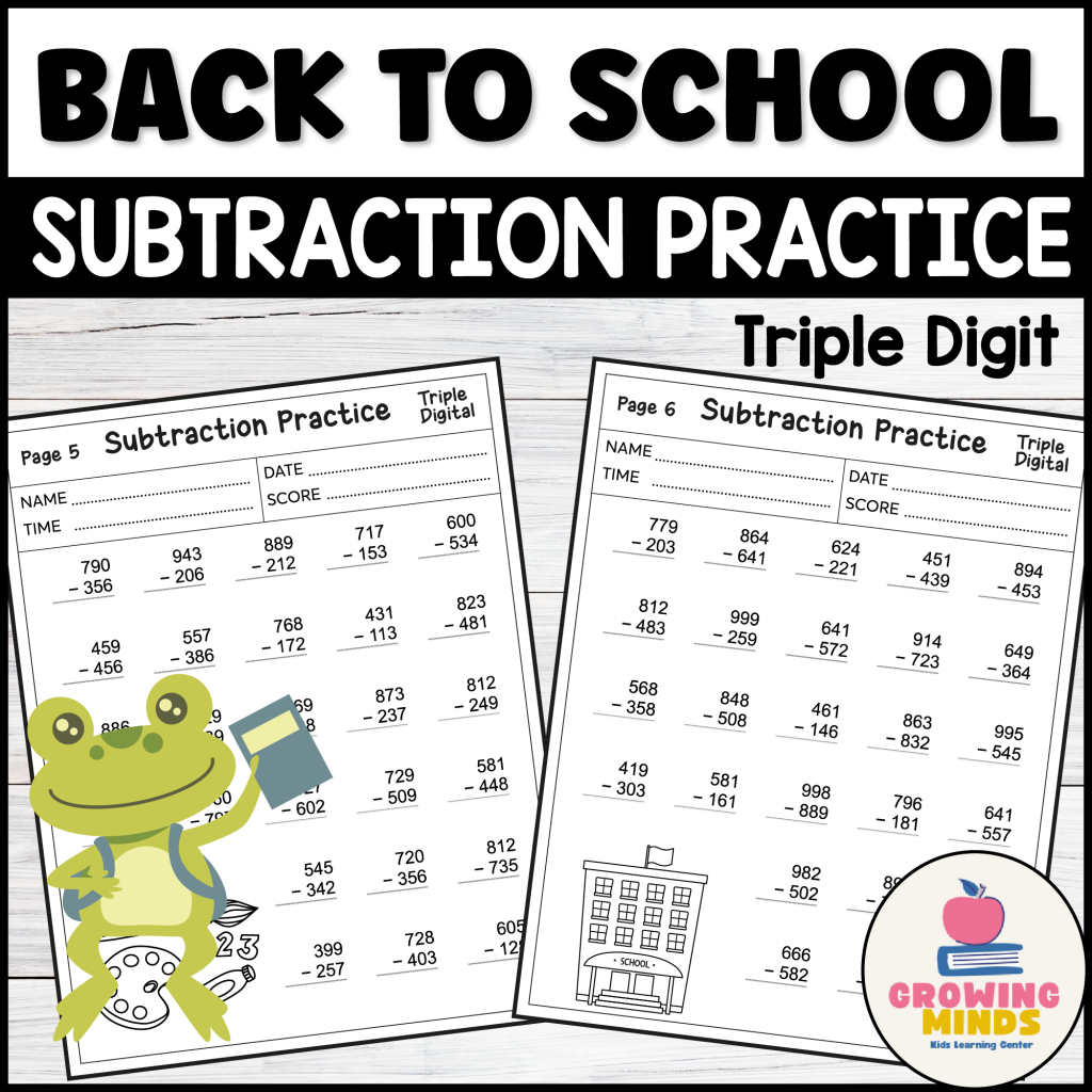 Back to School Subtraction practice triple Digit printable- Math ...