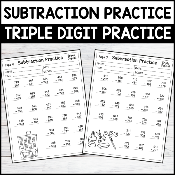 Back to School Subtraction practice triple Digit printable- Math ...