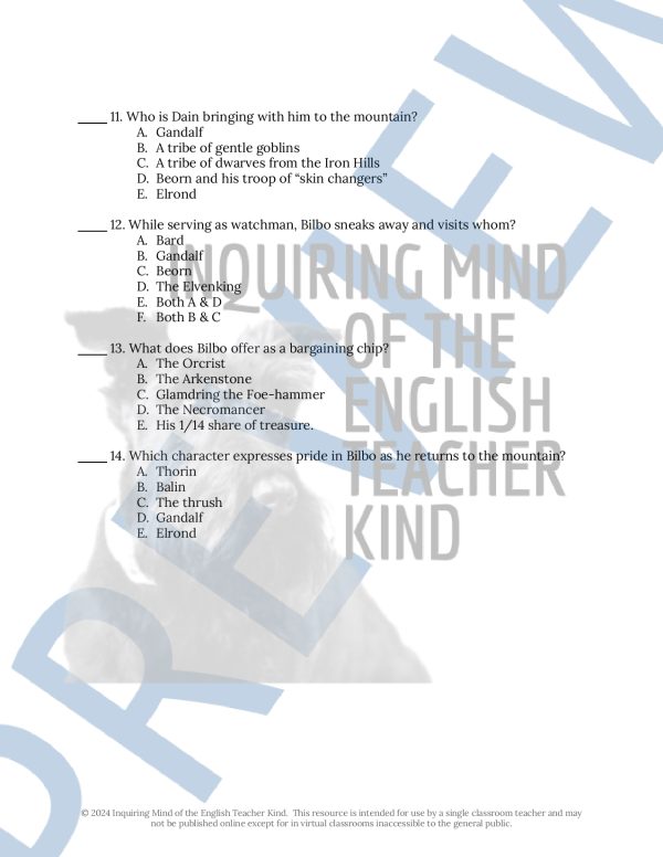 The Hobbit Chapters 13, 14, 15, and 16 Quiz and Answer Key for High ...