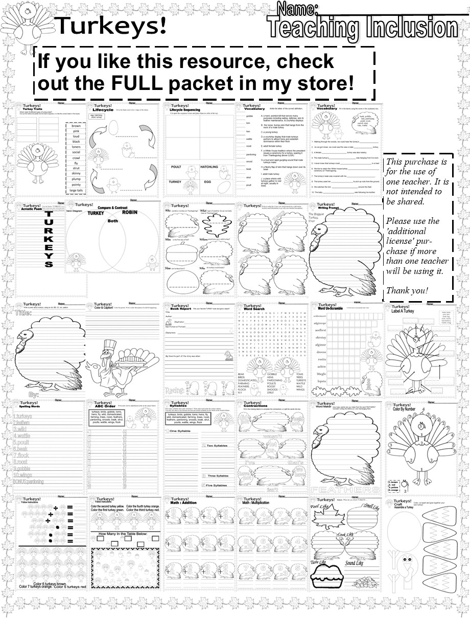 Turkey Worksheets Language Arts SPED Math Writing Themed NO PREP ...