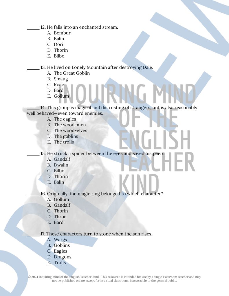 The Hobbit Test, Answer Key, and Standards-Based Essay Scoring Rubric ...